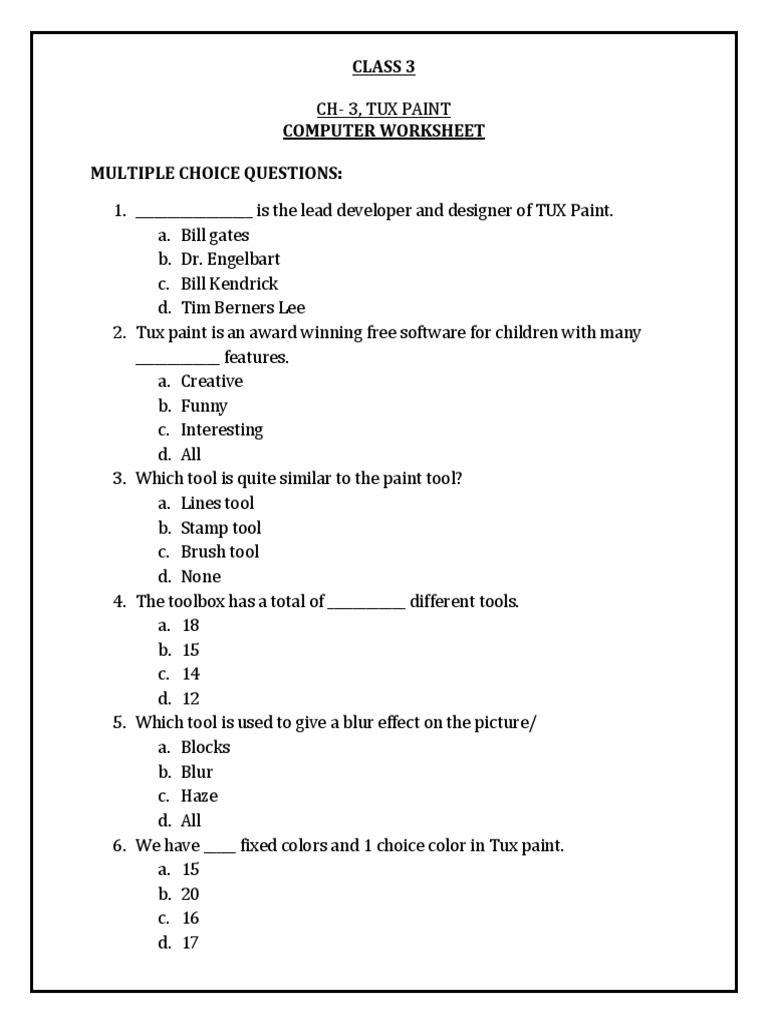 CBSE Class 3 Computer Practice Worksheet (9) - Tux Paint | PDF