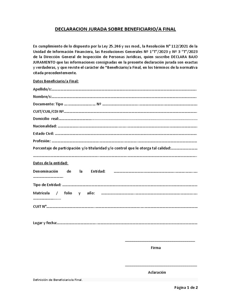 Declaracion Jurada Sobre Beneficiario Final | PDF