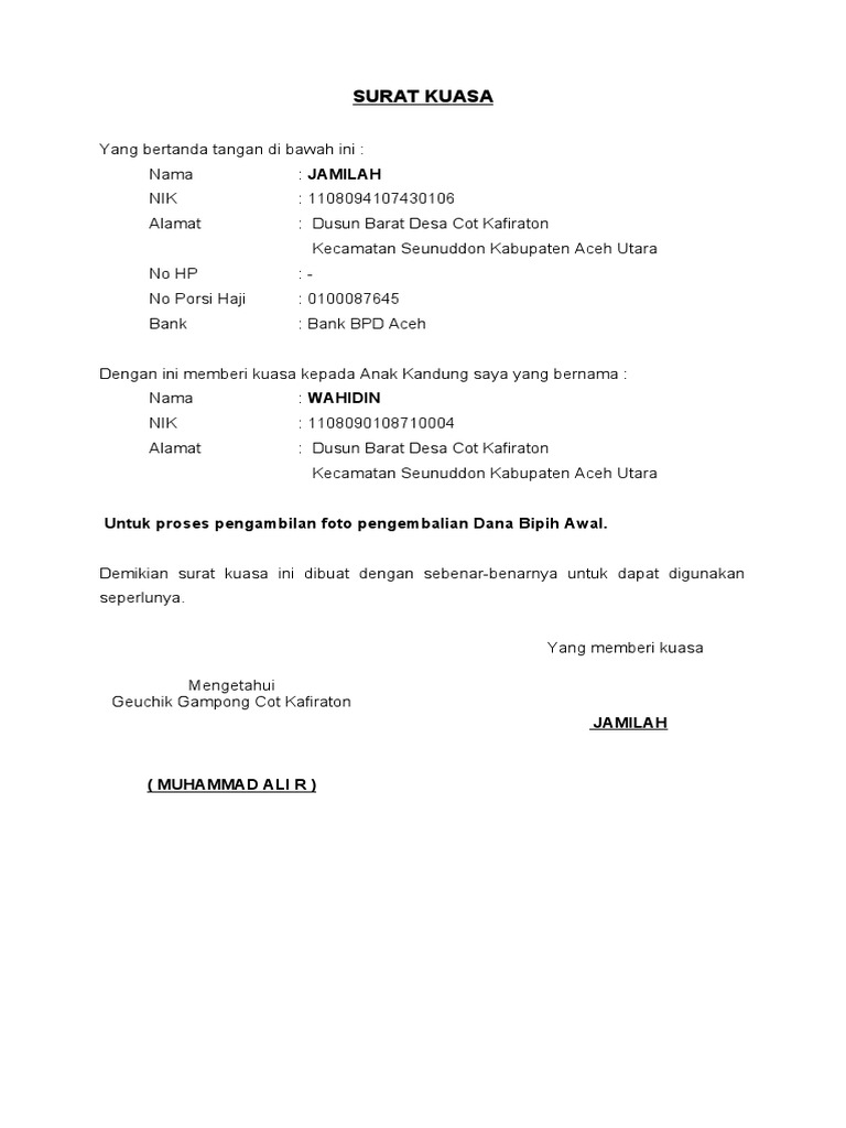 Surat Kuasa Pengambilan Dana Foto Pengembalian Haji | PDF