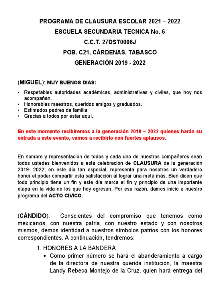 Programa de Clausura Escolar 2022 | PDF