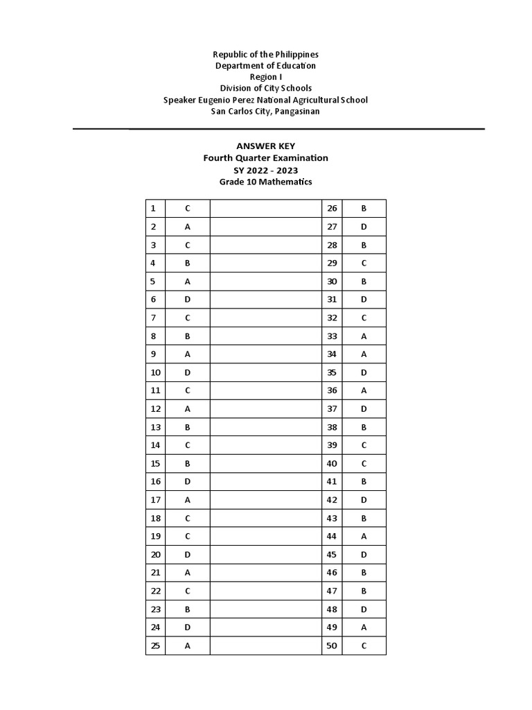 Answer Key 4th Quarter Test G10 Math SY 2022 2023 | PDF
