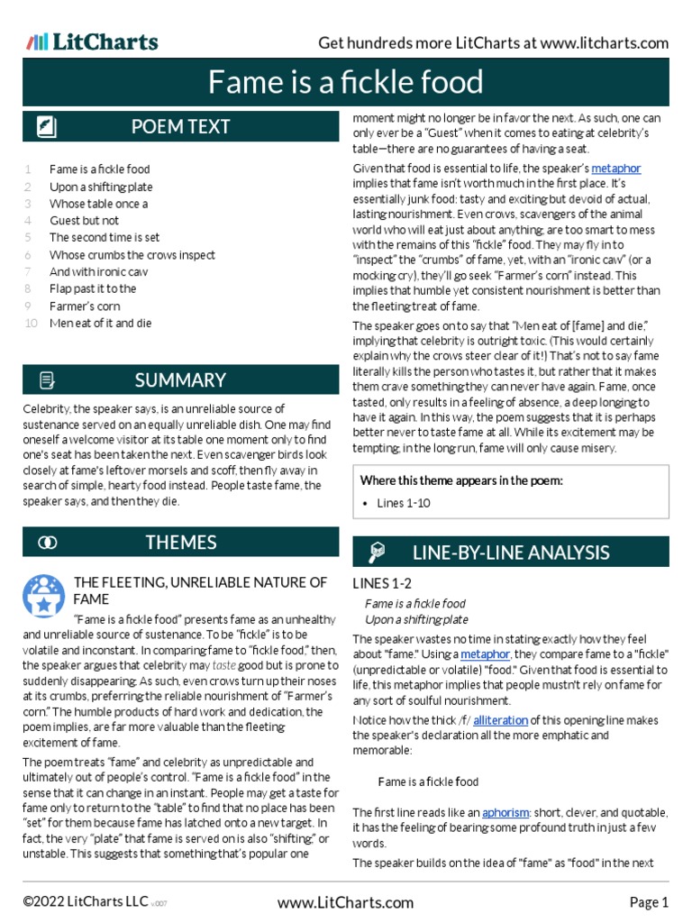 LitCharts Fame Is A Fickle Food | PDF | Metre (Poetry) | Poetry