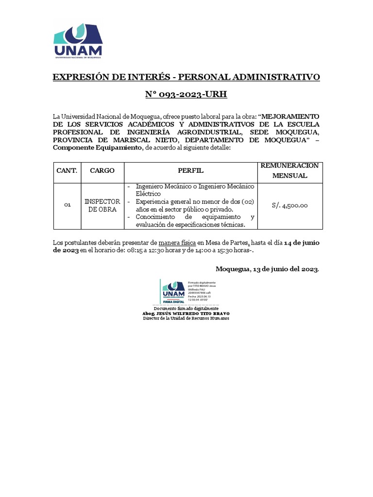 Expresión de Interés - Personal Administrativo #093-2023-URH | PDF Expresión de Interés - Personal Administrativo #093-2023-URH | PDF