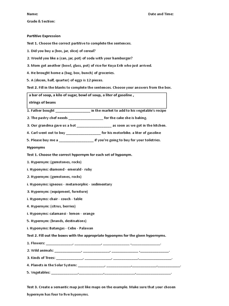 Quiz Partitives and Hyponyms | PDF | Cooking, Food & Wine | Language ...