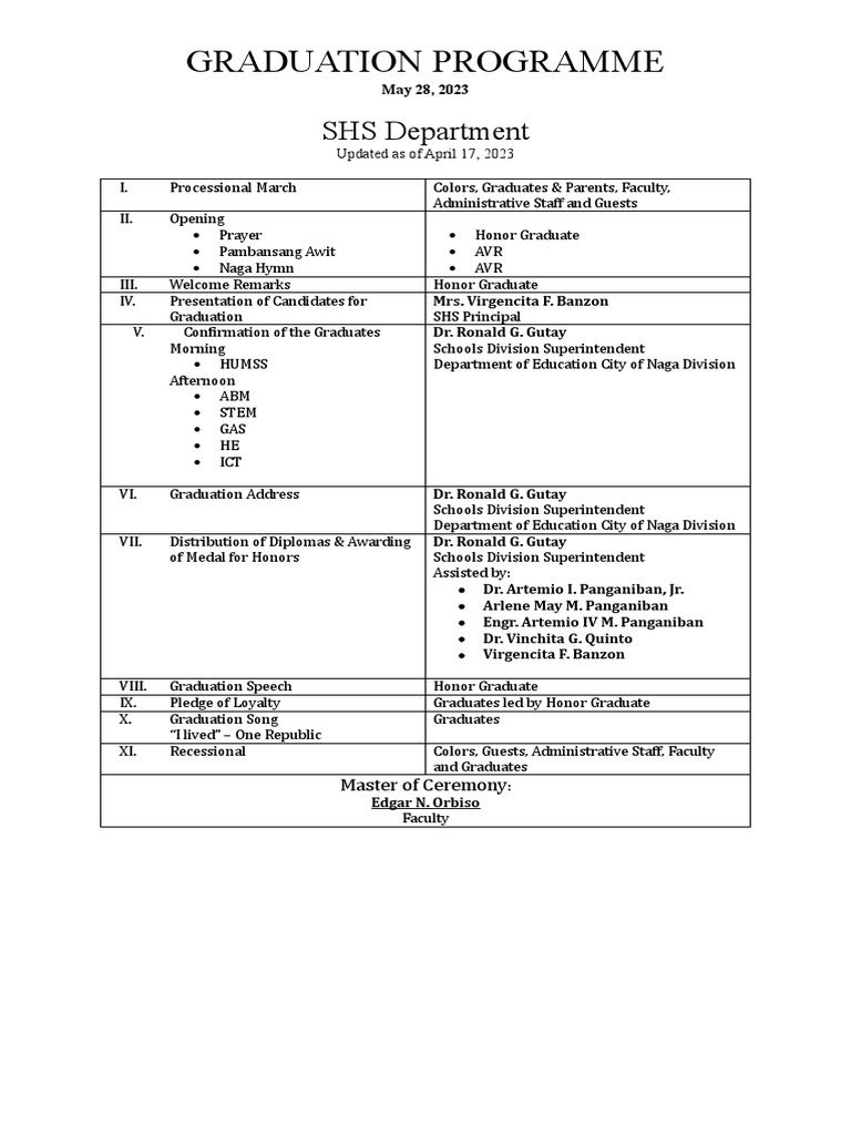 Graduation Program Shs Dept Updated 2023 Pdf