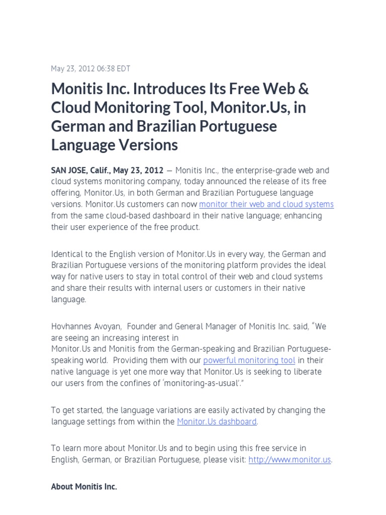 Monitis Inc. Introduces Its Free Web & Cloud Monitoring Tool, Monitor ...