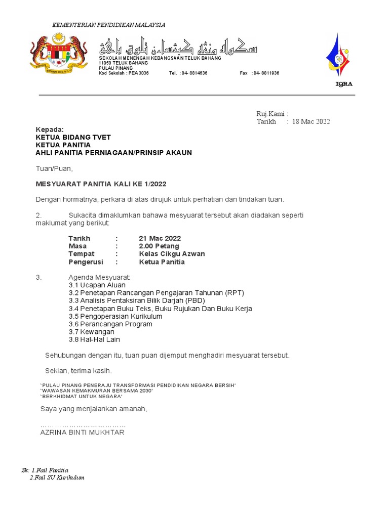 Surat Panggilan Mesyuarat Panitia | PDF