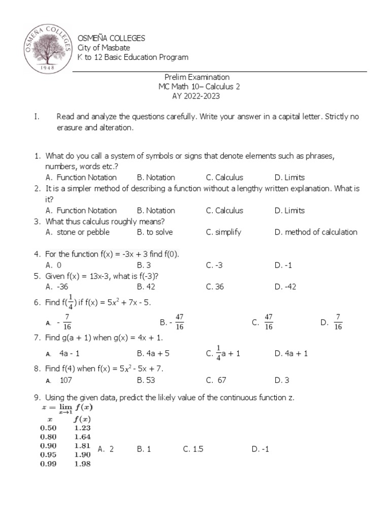 MC Math 10-Prelim | PDF | Function (Mathematics) | Calculus