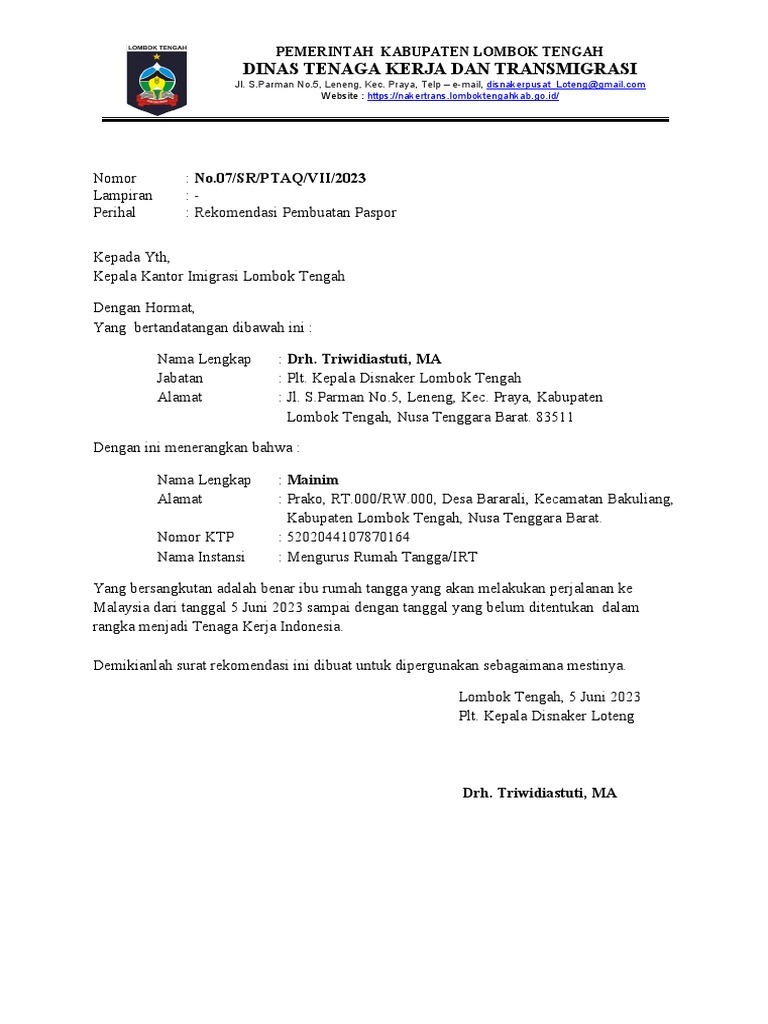 Surat Rekom Pembuatan Paspor Disnaker | PDF