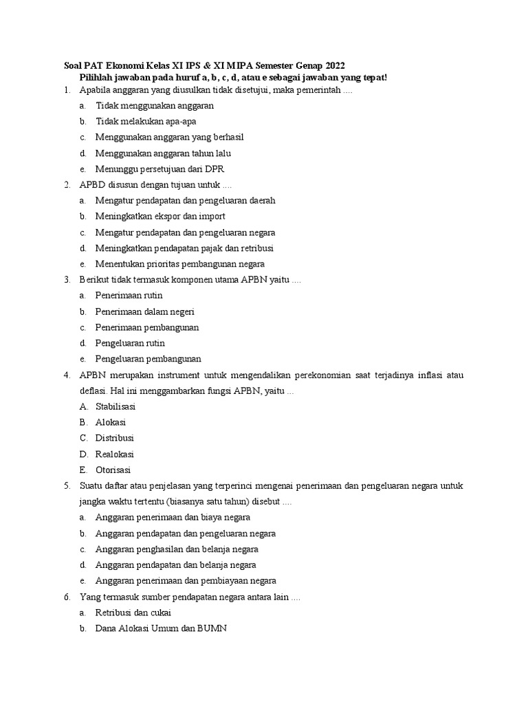 Soal PAT Ekonomi Kelas XI Genap 2022 | PDF