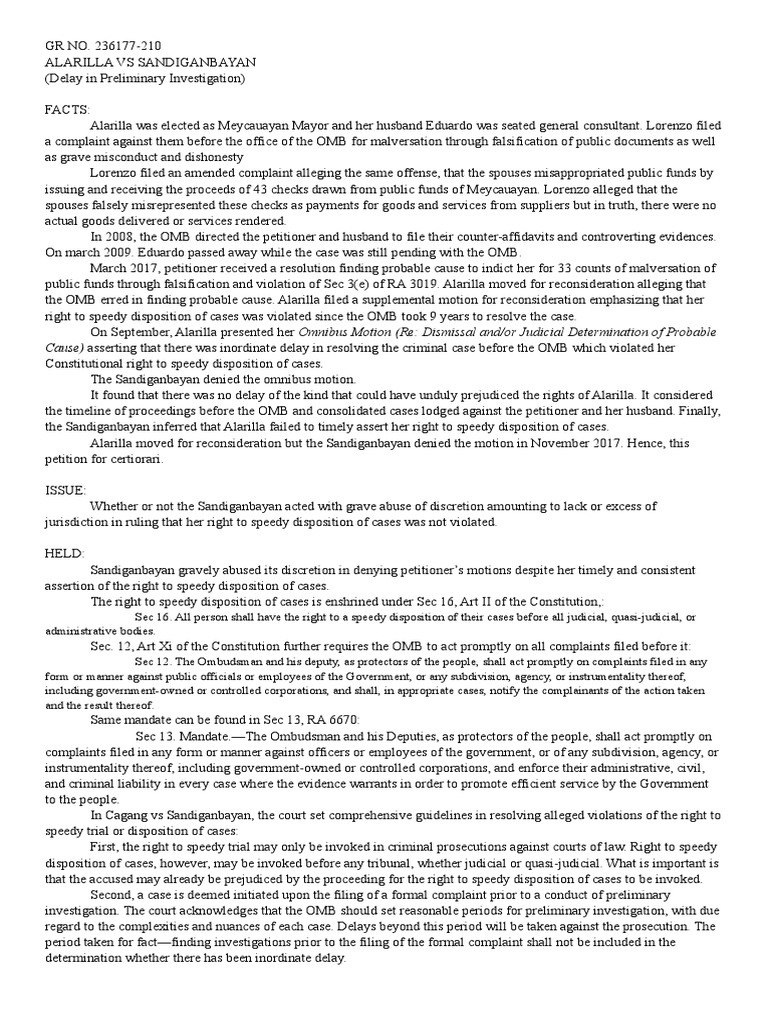 Alarilla vs Sandiganbayan: Right to Speedy Disposition | PDF | Politics