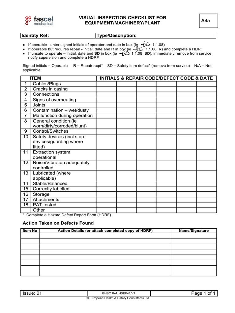 A4a Fascel Visual Inspection Checklist For Equipment Machinery Plant | PDF