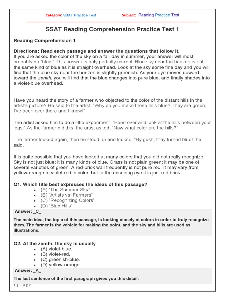 SSAT Reading Comprehension Test 1 Answers | PDF