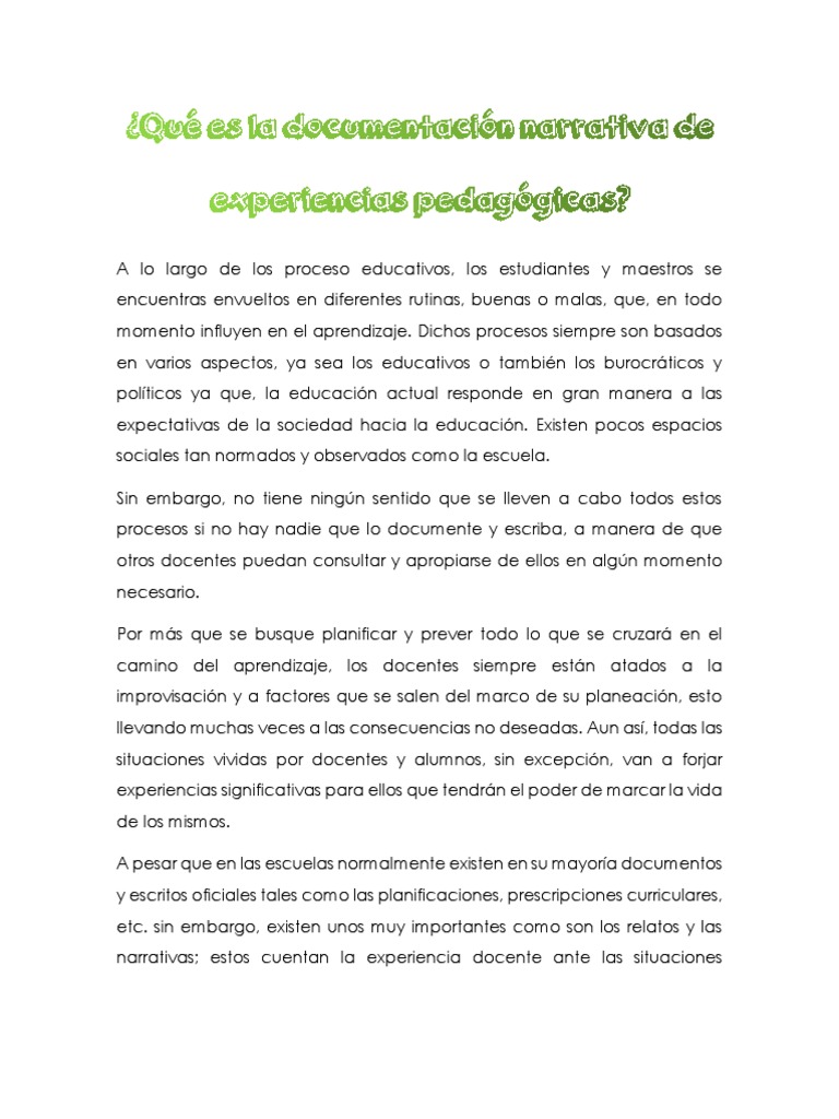 Documentacion Narrativa En Experiencias Pedagógicas Pdf Enseñando