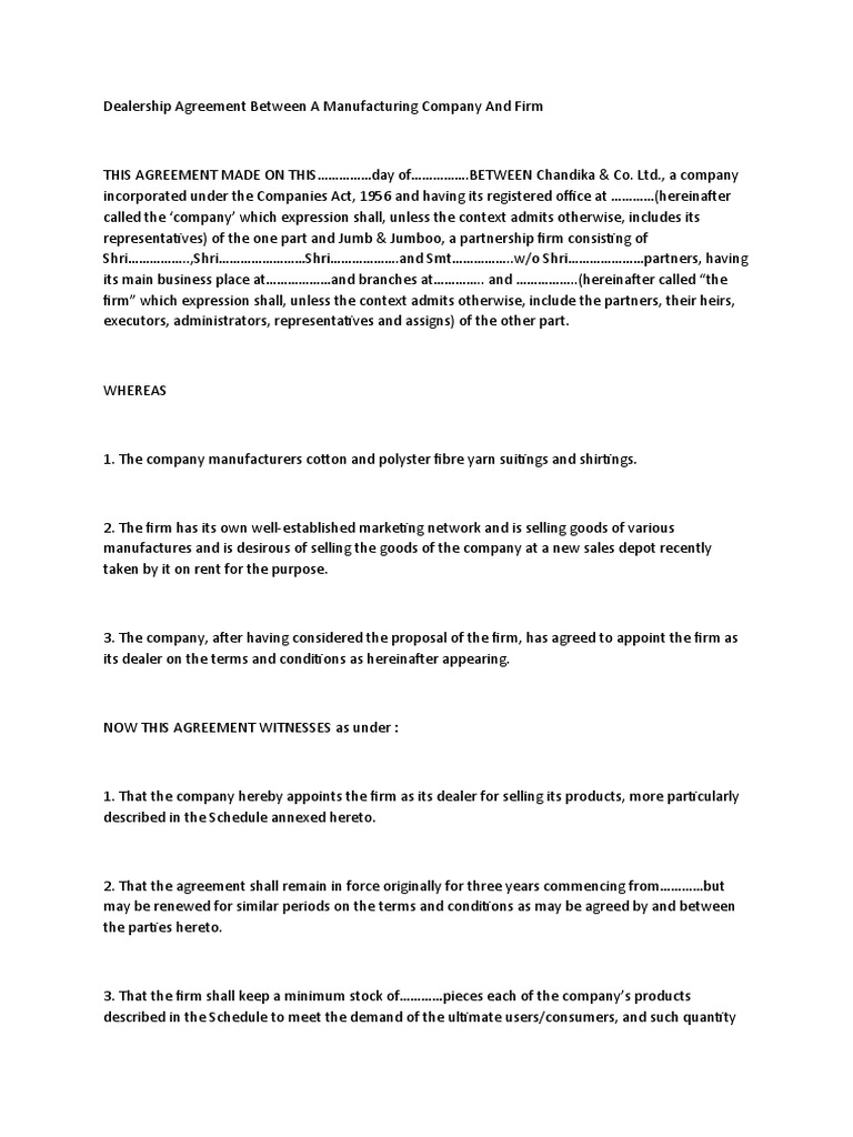 Dealership Agreement Between A Manufacturing Company and Firm | PDF ...