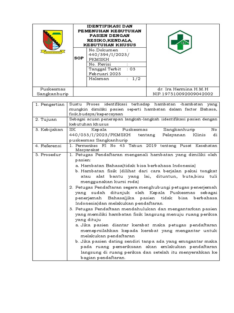 3.1.1.a SOP IDENTIFIKASI DAN PEMENUHAN KEBUTUHAN PASIEN DGN RESIKO | PDF