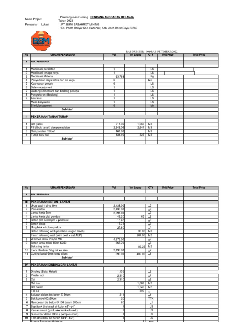 BOQ Gudang PT. BBM | PDF