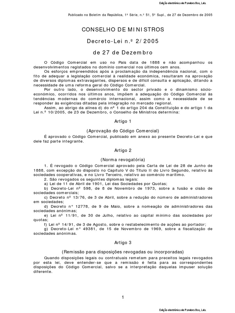 Decreto-Lei N. 2.2005, de 27.12. (Aprova o Codigo Comercial) PDF | PDF