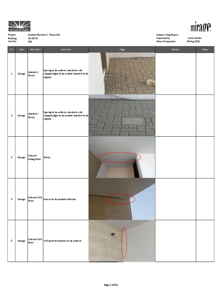 Snag Report For 2A-SD-33 Unit 364 | PDF | Tile | Bedroom