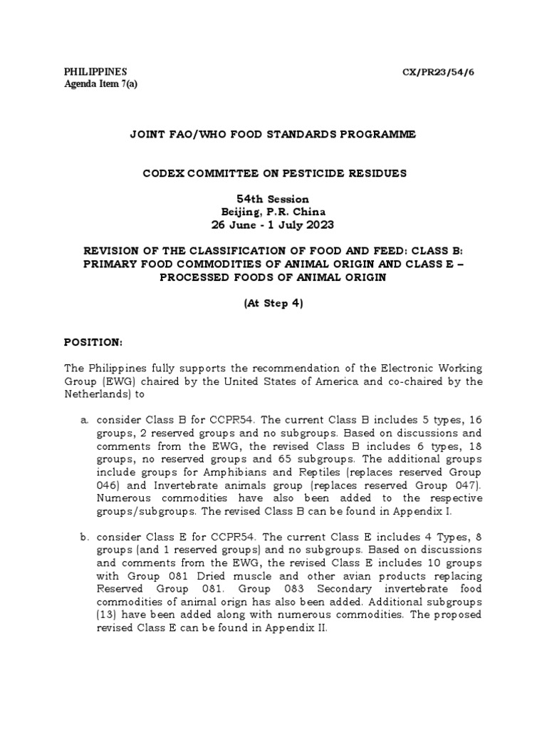 Agenda Item 7 (A) Class B Primary Food Commodities Class E Processed Foods | PDF