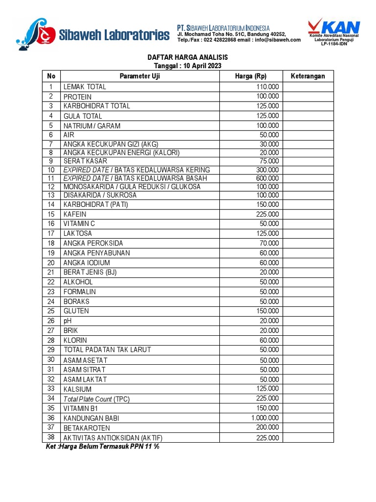 PRICE LIST-Per Parameter Uji | PDF