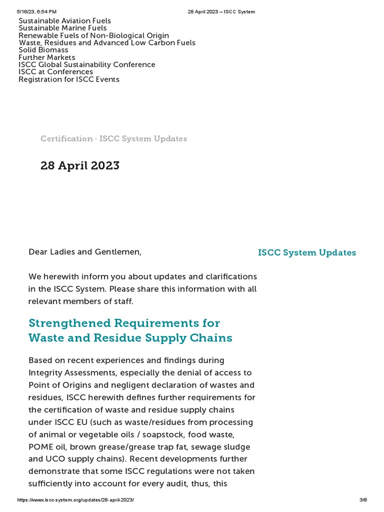 28 April 2023 - ISCC System - Tighter Certification Requirement - POME | PDF