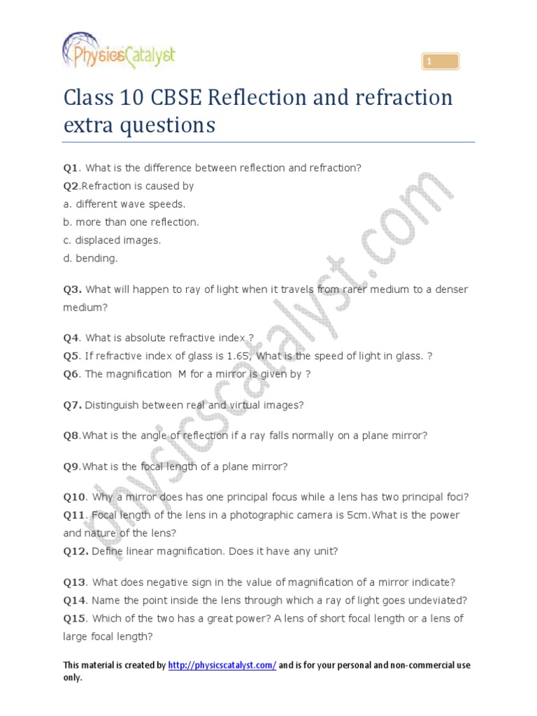 Class 10 CBSE Reflection and Refraction Extra Questions | PDF ...