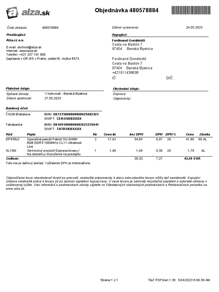 Objednávka: Ferdinand Gombkötő Alza - CZ A.S | PDF