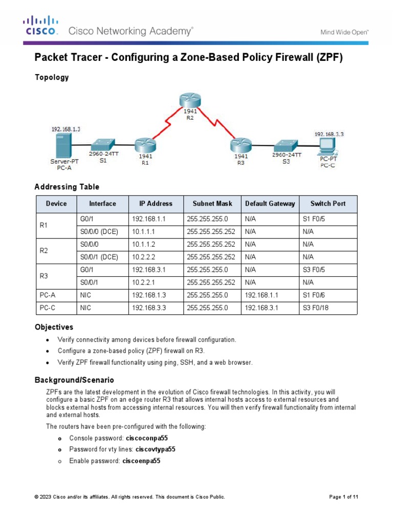 4.4.1.1 Packet Tracer - Configuring A Zone-Based Policy Firewall (ZPF) | PDF
