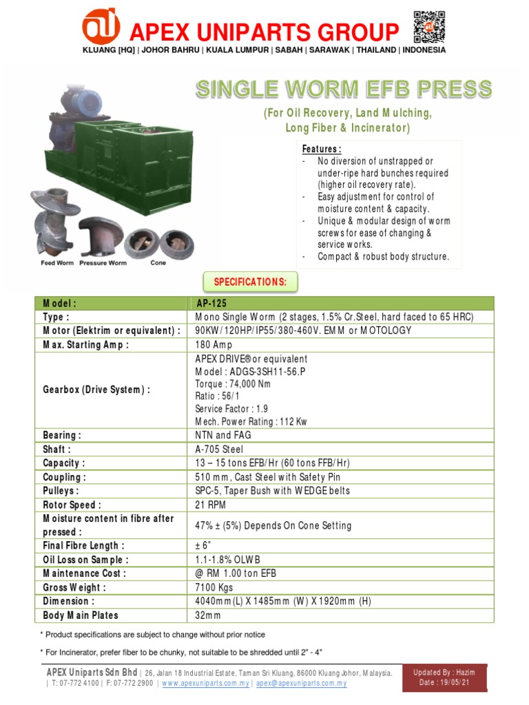 Ap-125 Single Worm Efb Press | PDF | Vehicles | Machines
