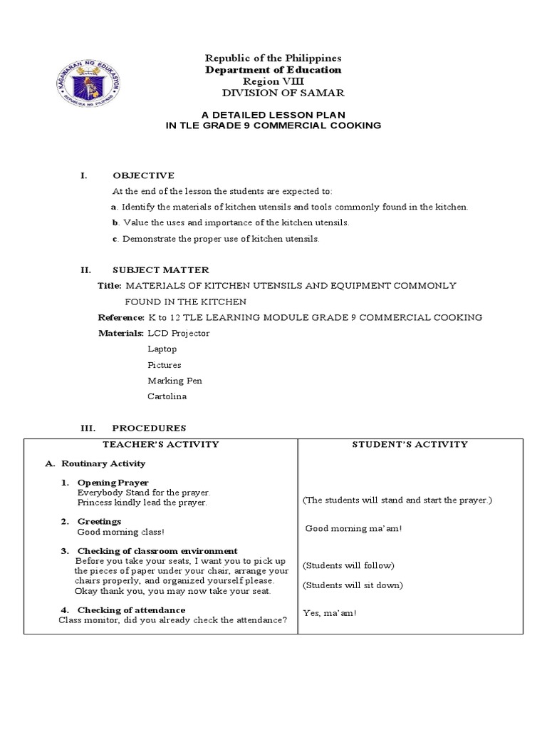 Tle 9 Lesson Plan | PDF | Cookware And Bakeware | Kitchen Utensil