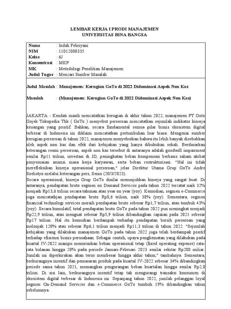 Lembar Kerja I - Indah Febriyani 11012000335 - 6J MKP | PDF