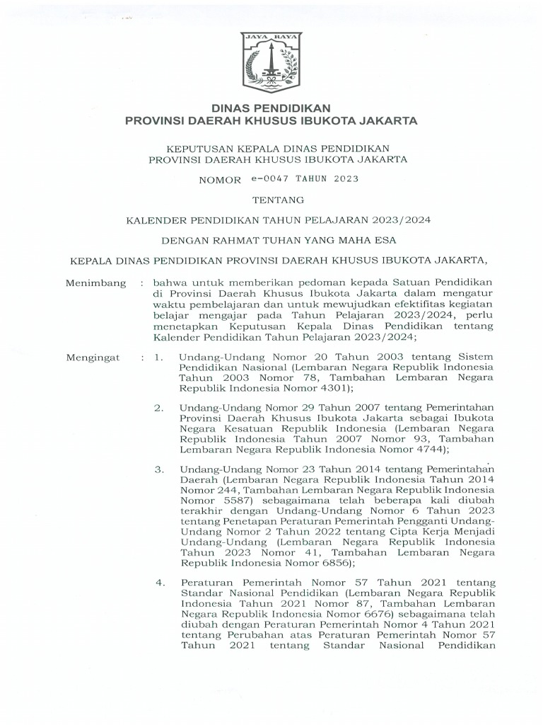 SK Kadisdik Nomor E-0047 Tahun 2023 Tentang Kalender Pendidikan TP 2023-2024 | PDF
