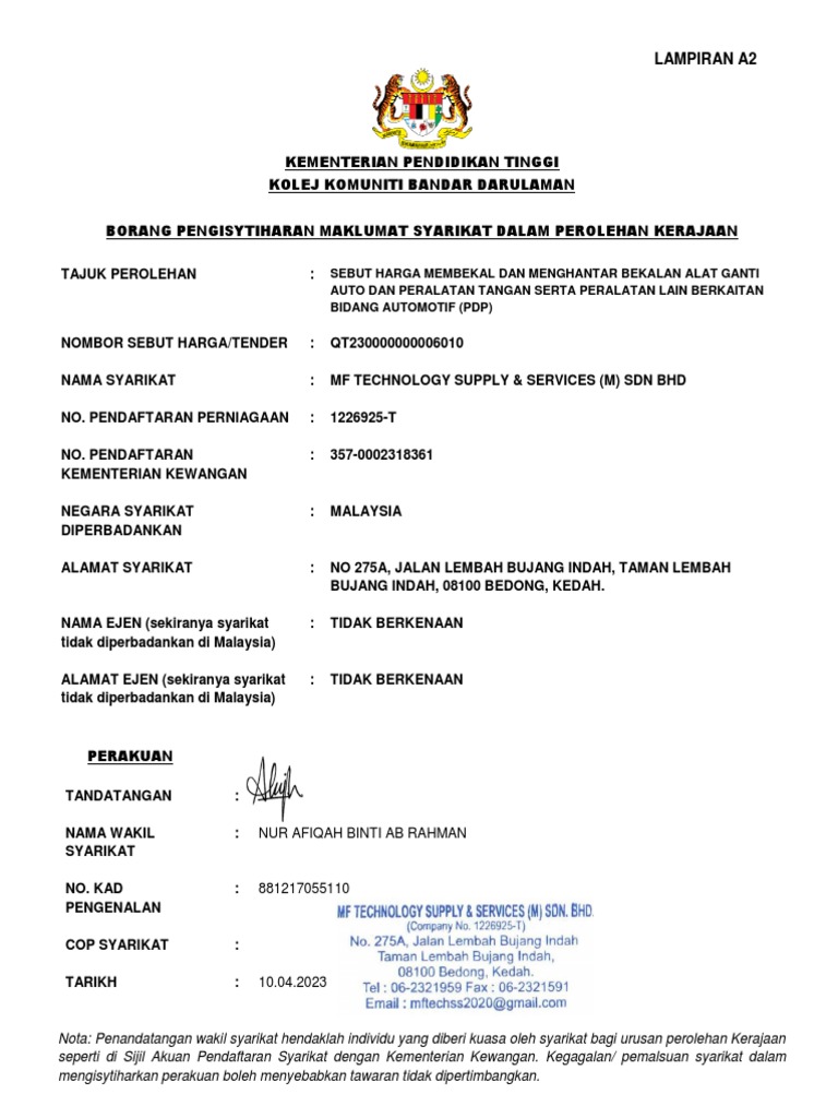 Borang Pengisytiharan Maklumat Syarikat Dalam Perolehan Kerajaan | PDF