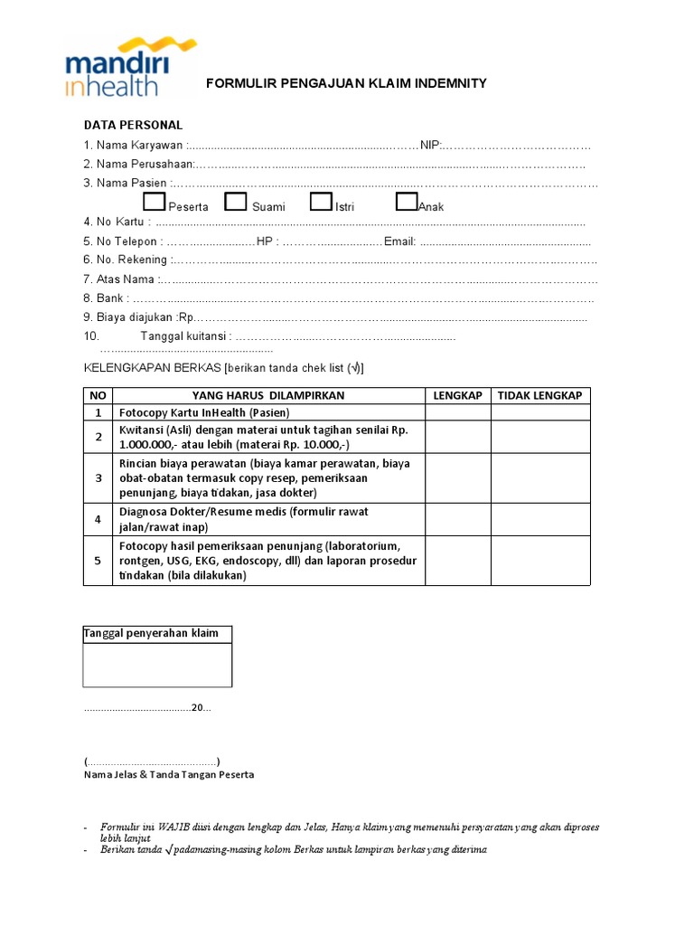 Formulir Klaim Reimburse Rawat Inap Mandiri InHealth | PDF