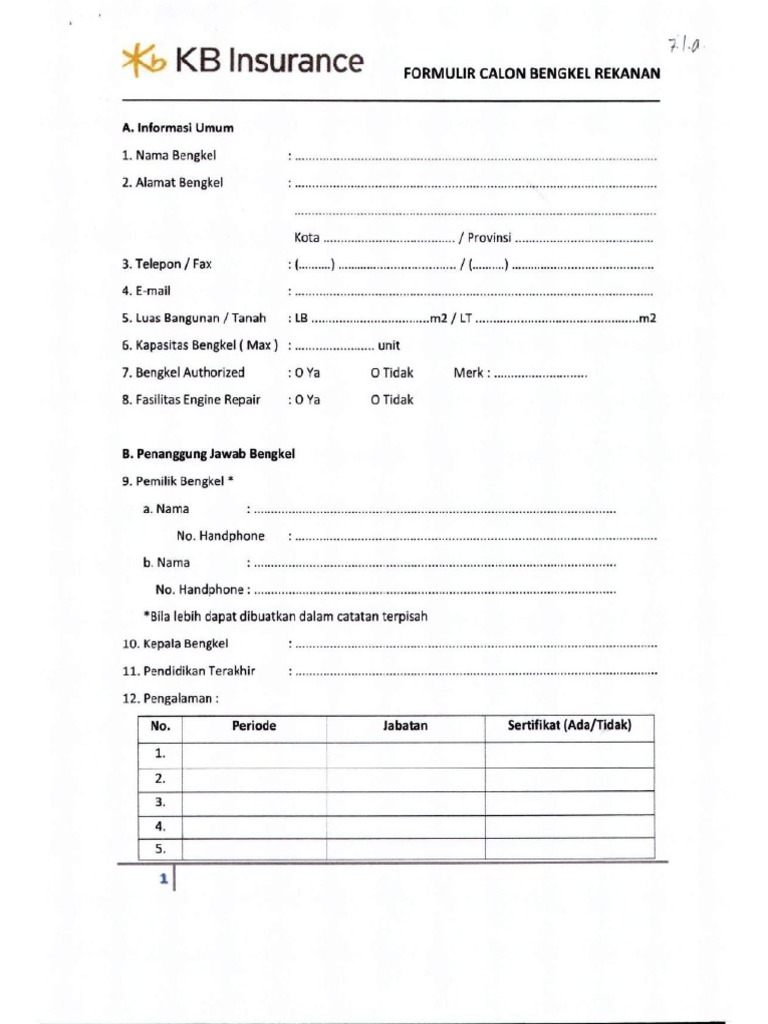 Form Calon Bengkel Rekanan Kb Insurance | PDF