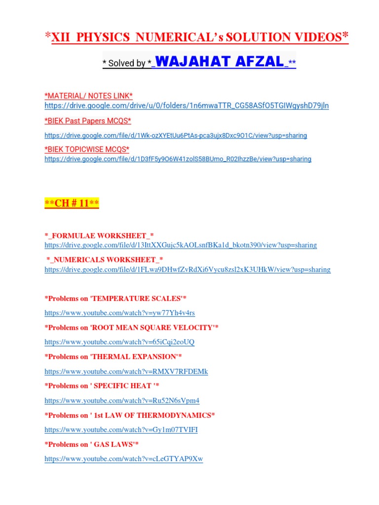 XII - Phy Numerical's Solved Links | PDF | Heat | Electromagnetic Spectrum