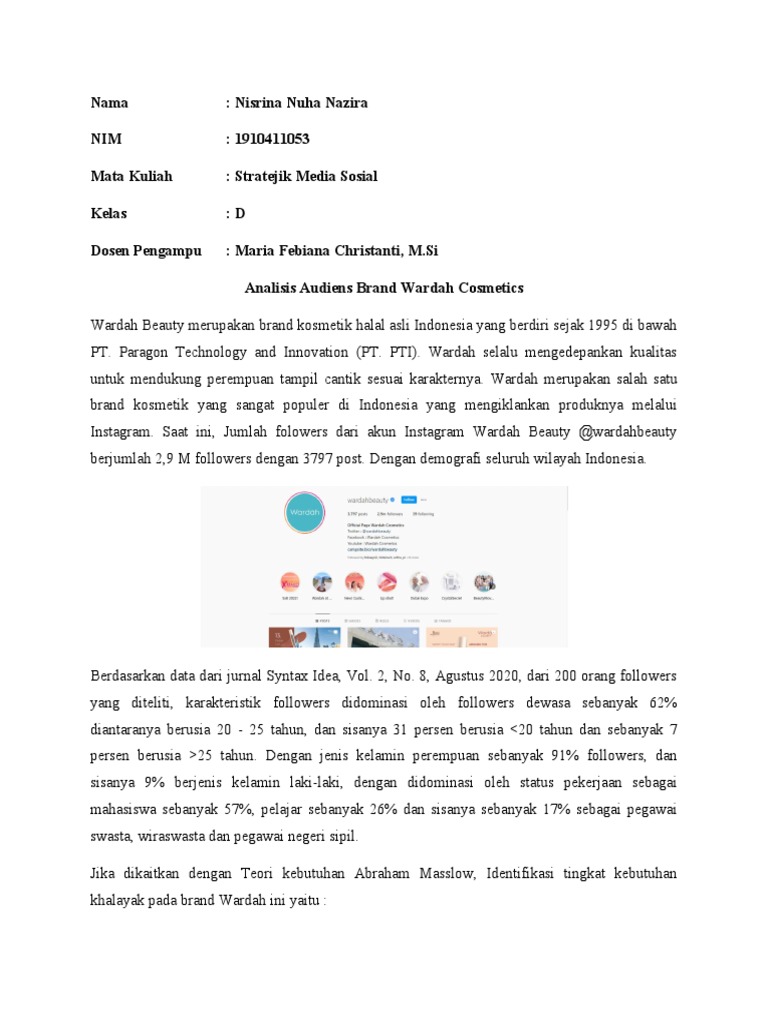 Nisrina Nuha Nazira - 1910411053 - D - Stratejik Media Sosial - Analisis Audience Brand Wardah ...