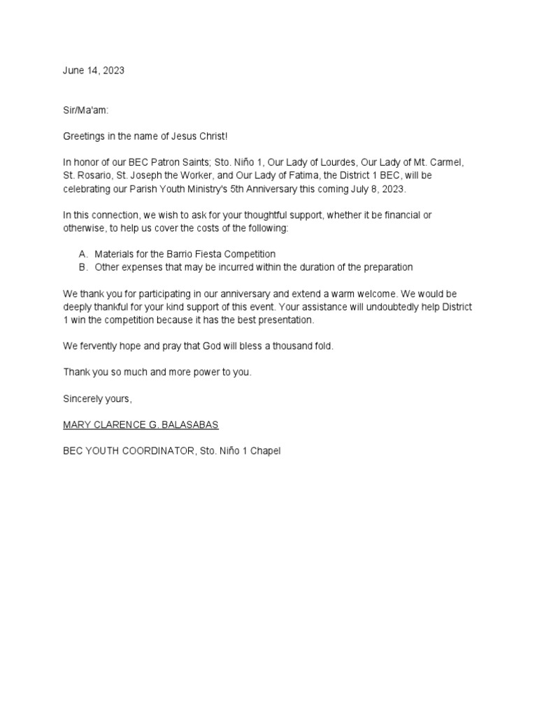 Solicitation Letter | PDF | Religion & Spirituality