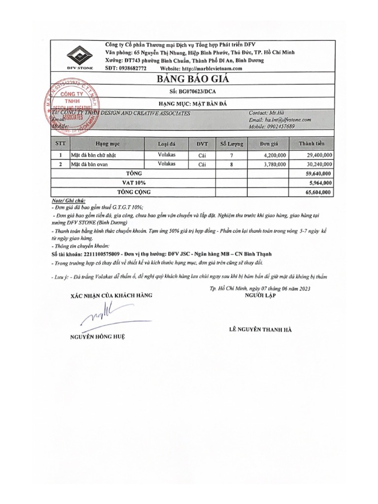 Báo Giá DFV - Dca Đã Ký-Công Trình Weeding Salon Ootsu&toyama | PDF