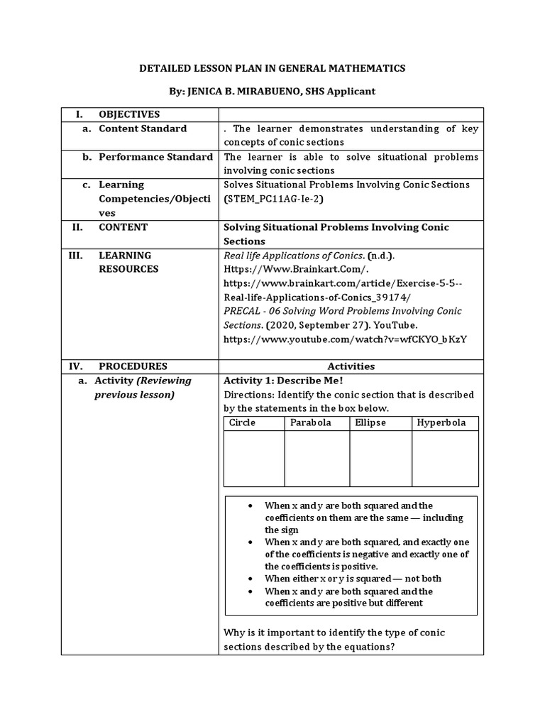 Detailed Lesson Plan in General Mathematics | PDF | Ellipse | Geometry