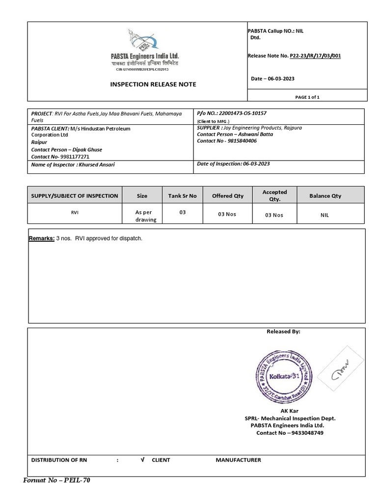 Inspection Release Note 06.03.2023 | PDF | Building Materials ...