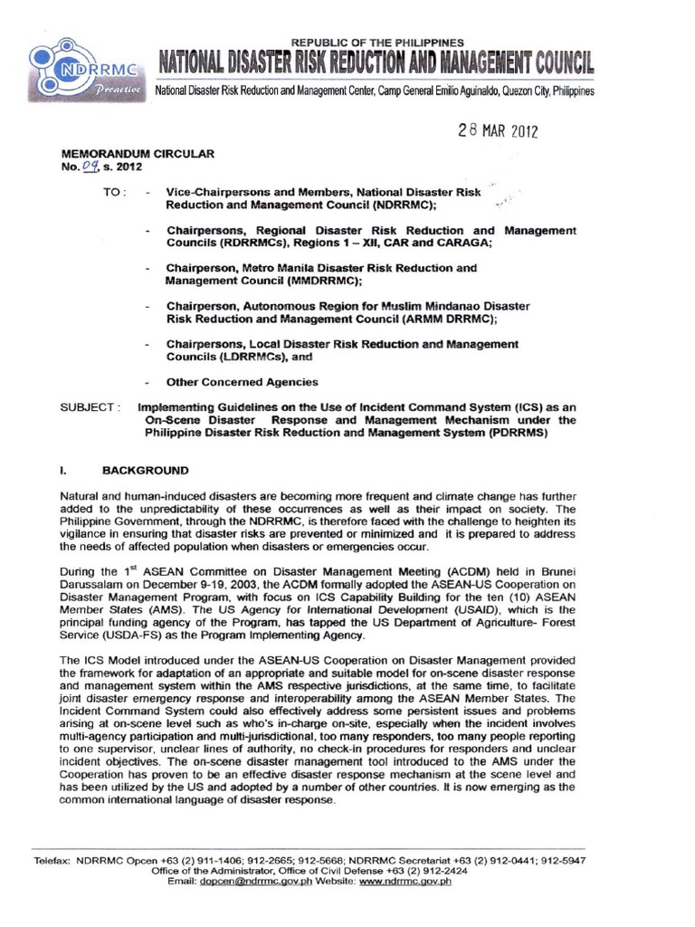 NDRRMC Memorandum Circular No. 4 S. 2012 | PDF | Incident Command ...