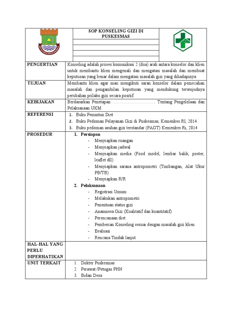 SOP KONSELING GIZI DI PUSKESMAS Docx | PDF