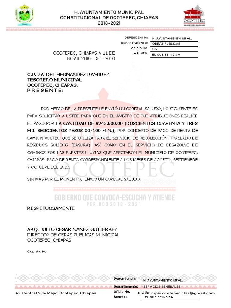 Oficio de Solicitud de Materiales para Municipio | PDF | Derecho