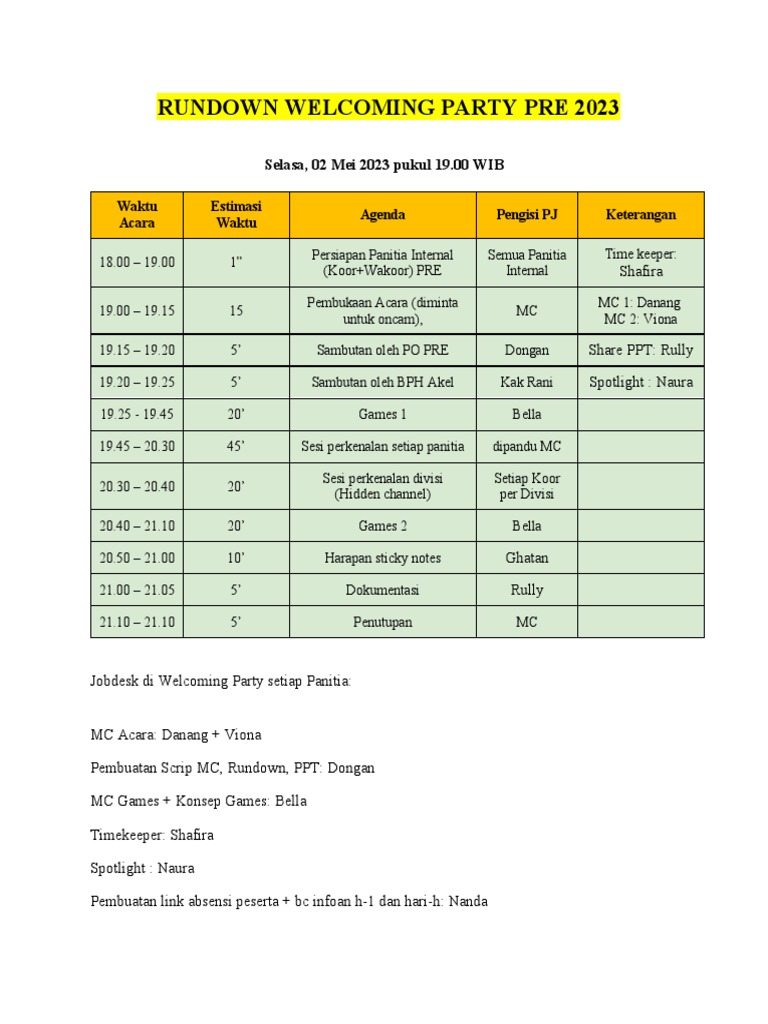 Rundown Welcoming Party PRE 2023 | PDF