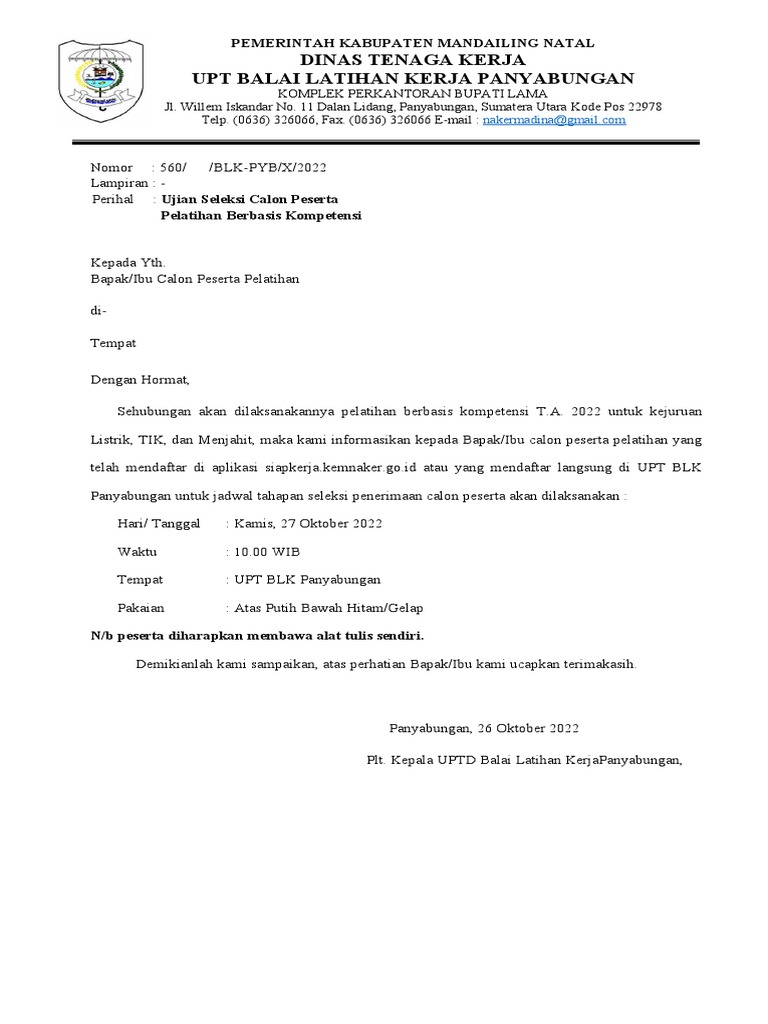 Surat Pemberitahuan Seleksi PELATIHAN | PDF Surat Pemberitahuan Seleksi PELATIHAN | PDF