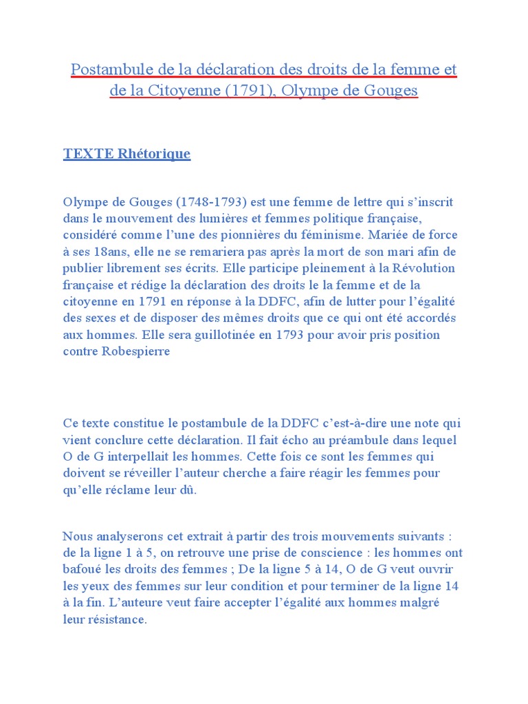 Postambule de La Déclaration Des Droits de La Femme Et de La Citoyenne ... Postambule de La Déclaration Des Droits de La Femme Et de La Citoyenne ...