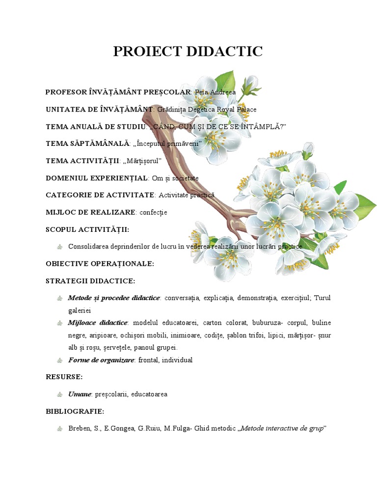 Proiect de Activitate Monodisciplinara Martisorul | PDF