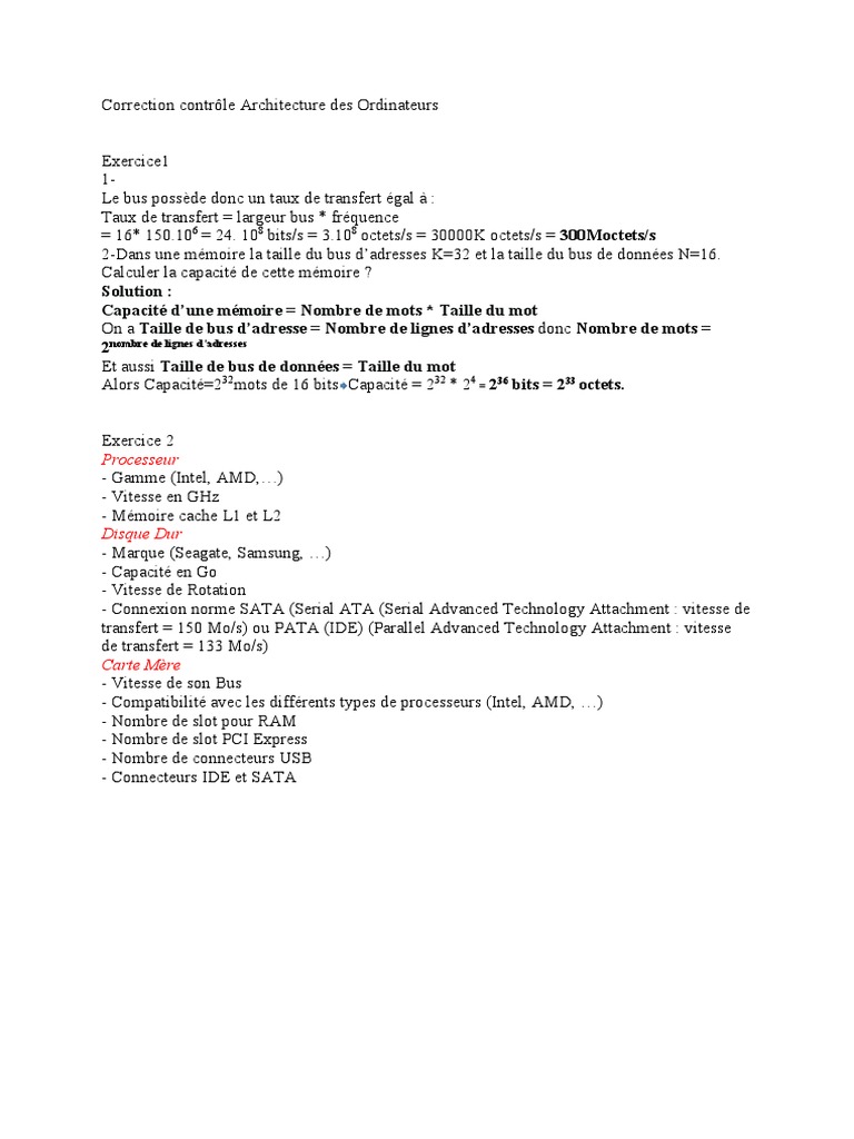 Correction contrôle Architecture des Ordinateurs | PDF